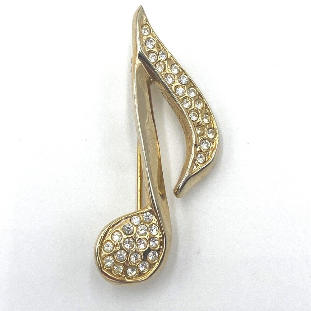 Vintage Crystal Rhinestone Musical Note Brooch Pin Go… - Gem